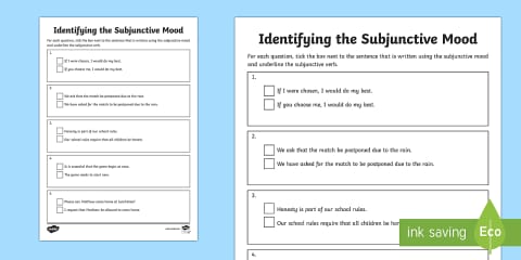 Identifying the Subjunctive Mood Worksheet - SATs Questions