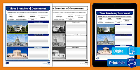Sixth Grade Three Branches of Government Matching Worksheet