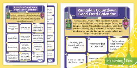 EYLF/F-2 Ramadan Kindness Calendar and Daily Cards