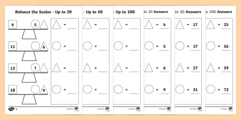 Balancing Equations Addition and Subtraction within 20 Worksheets