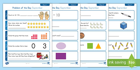 Kindergarten Math Problem of the Day - August Worksheet