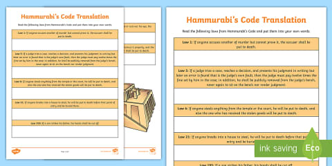 The Code of Hammurabi Student Response Worksheet