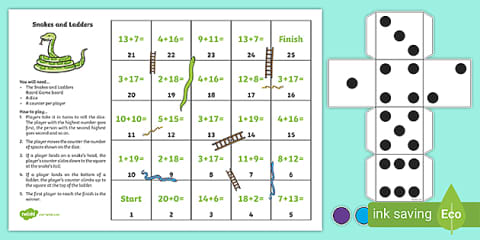 Snakes and Ladders Addition and Subtraction up to 20 Board Game