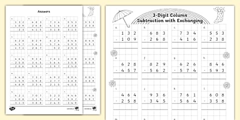 3-Digit Subtraction with Exchanging Practice Activity Sheets