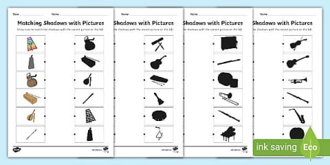 Musical Instruments Word and Picture Matching Worksheets