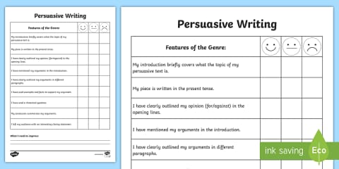 Persuasive Writing Student Assessment Rubric