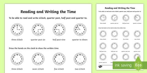 Analogue Time O’Clock, Half Past and Quarters Worksheet