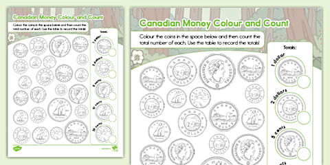 Canadian Money Colour and Count Worksheet Pack