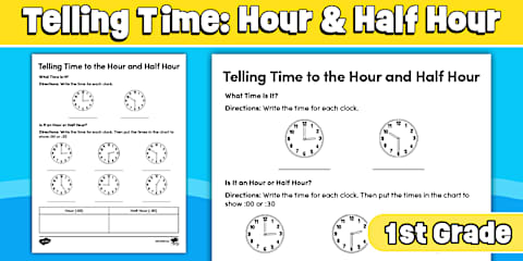 First Grade Analog Telling Time to the Hour and Half Hour Worksheet