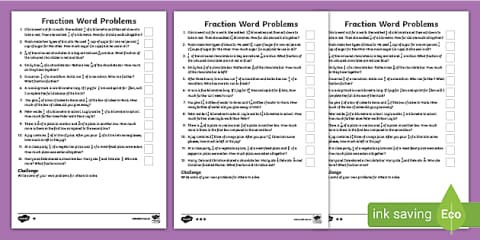 Year 3 Fraction Problems Worksheet