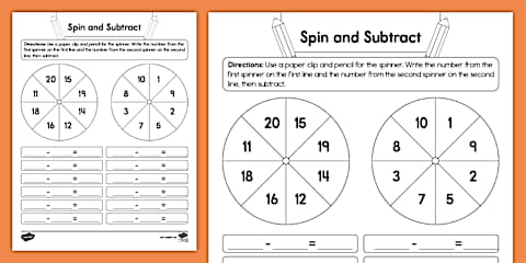 First Grade Spring Flower Spin and Subtract Within 20 Worksheet