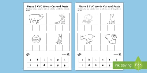 CVC Words Cut and Paste Worksheets Mixed