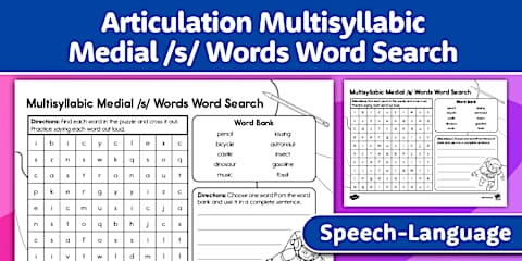 Articulation Multisyllabic Initial /s/ Words Word Search for SLP