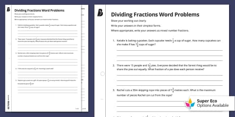 Fifth Grade Dividing Whole Numbers by Fractions Word Problems Activity