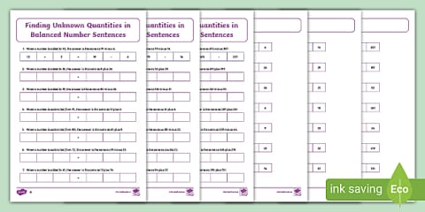 Equivalent Equations Using Missing Numbers Activity Sheet