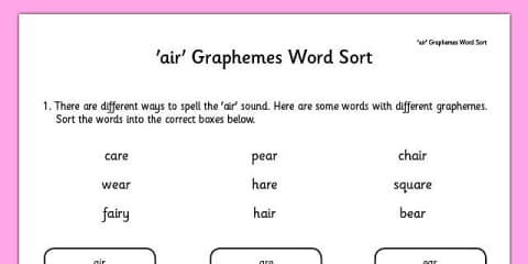 Alternative Spellings air are ear ere Words KS1 Worksheet