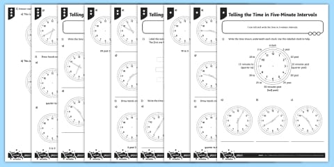 Analogue Clock in Five-Minute Intervals Worksheet