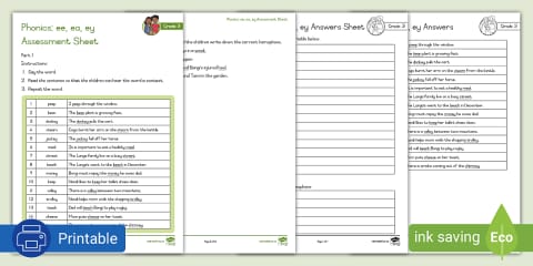 Grade 3 Phonics ee ea ey: Assessment Sheet (Written)