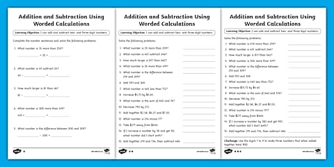 Addition and Subtraction Using Worded Calculations Year 3 Question ...