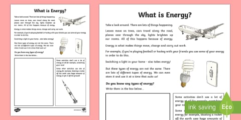 Year 7 - Year 10 Science Energy Stores and Transfers Worksheet
