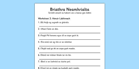 Junior Cycle Briathra Neamhrialta Aimsir Laithreach Worksheet Gaeilge