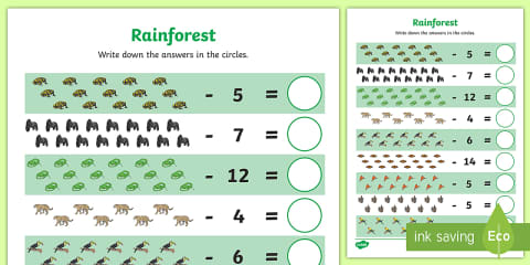 Jungle Animal Subtraction Worksheet