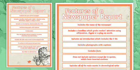 Features of a Newspaper Report Checklist Bookmark