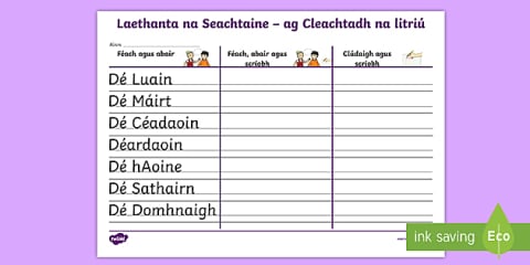 Day and Month A4 Display Poster as Gaeilge