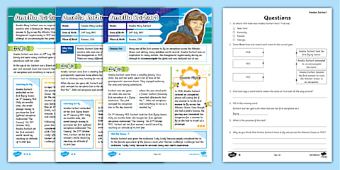 Third Grade Amelia Earhart Reading Comprehension Worksheet