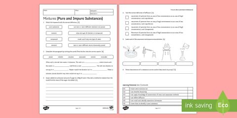 Pure Substances and Mixtures Worksheet