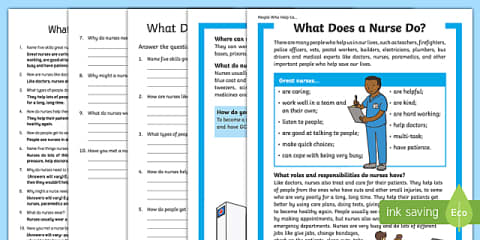 Second Grade What Does a Nurse Do? Reading Passage Comprehension Worksheet
