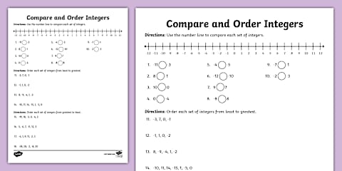 Sixth Grade Integers on a Number Line Worksheet