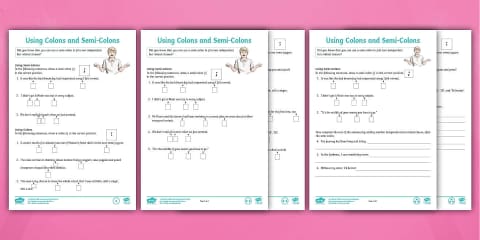 Using Semi-Colons, Colons and Dashes Differentiated Worksheet