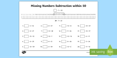 Missing Number Subtraction with a Number Line Worksheet