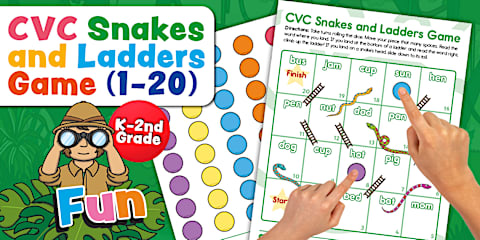 CVC Snakes and Ladders Game (1-50) for K-2nd Grade