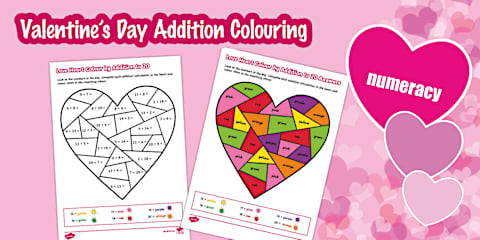 Love Heart Colour by Addition to 10 Activity Sheet