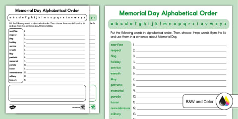 Veterans Day Alphabet Ordering Worksheet for 1st-2nd Grade