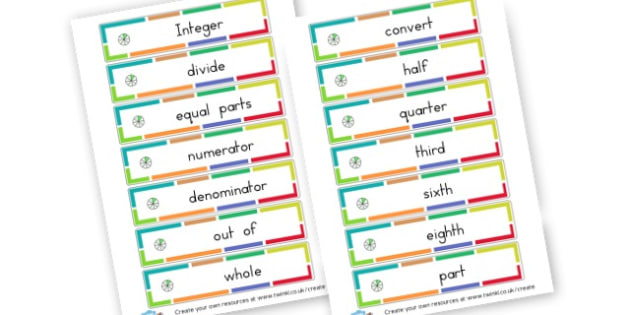 Fractions vocabulary Cards (teacher made)