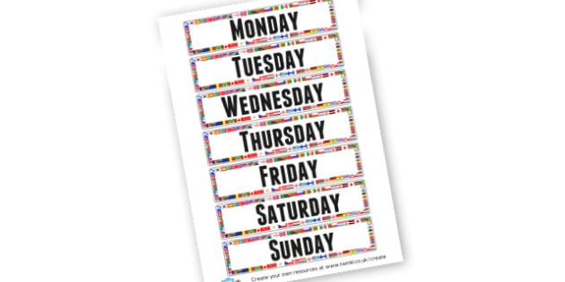 KS1 Days of the Week Display Cards - Flags-themed - Primary