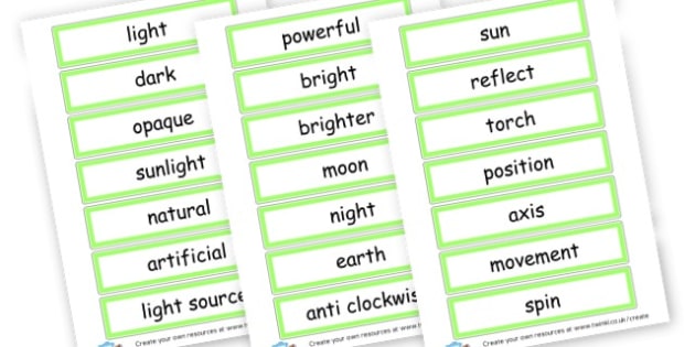 Light and Shadow Word Cards (teacher made)