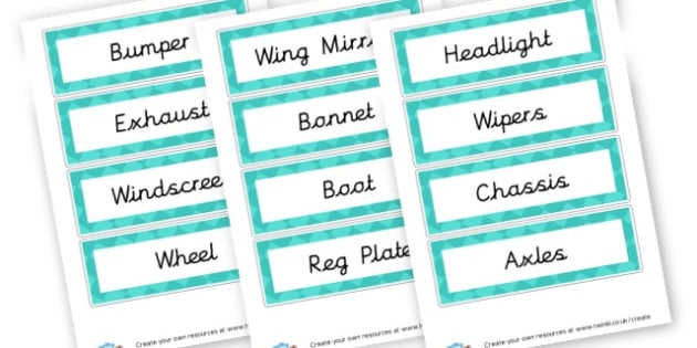 Cars Vocabulary Cards