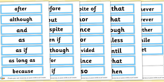 Conjunctions on strips word cards - Writing
