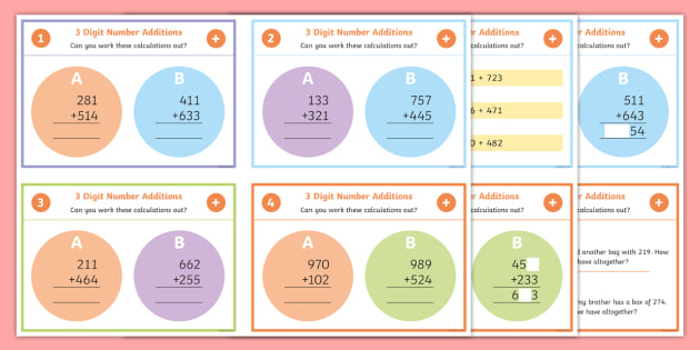 3 Digit Number Addition Maths Challenge Cards (teacher made)