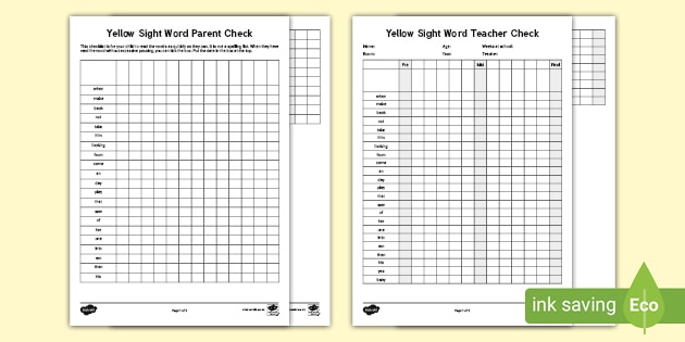 Yellow Reading Sight Words Checklist