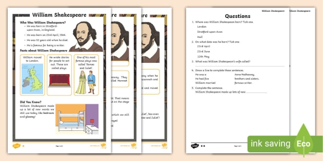 William Shakespeare Reading Comprehension PDF | KS1 English