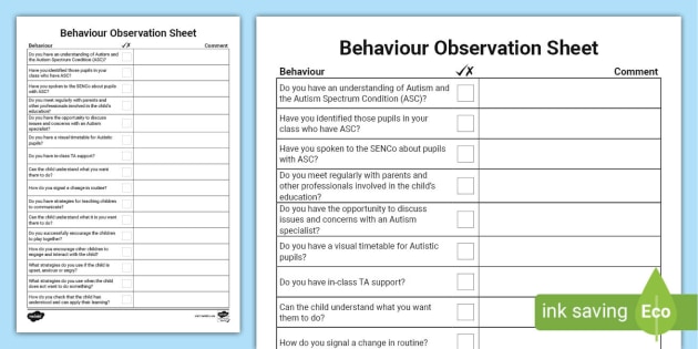 Autism Classroom Observation Checklist - Adult Guidance