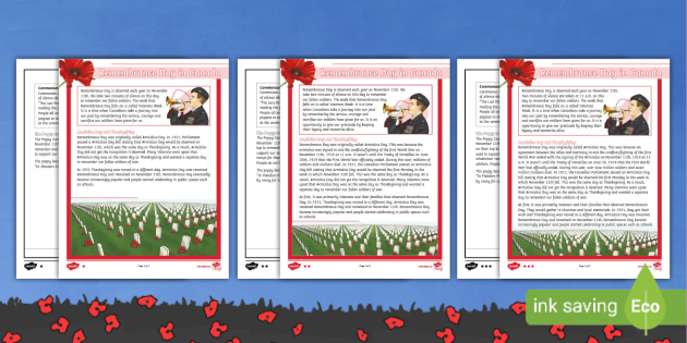 Remembrance Day in Canada Reading Comprehension