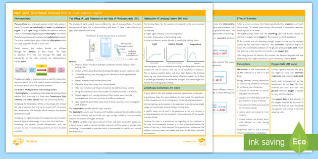 AQA GCSE (Combined Science) Unit 4 Bioenergetics Higher Knowledge Organizer