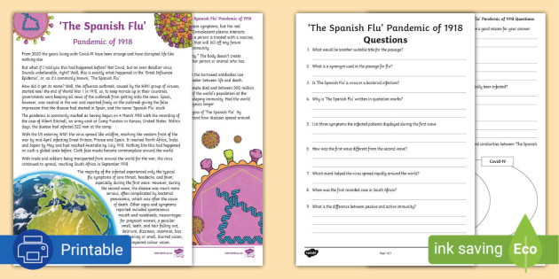 Spanish Flu Reading Comprehension | Pandemic Of 1918