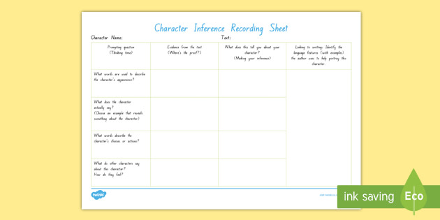New Zealand Literacy Years 7-8: Character Inference Recording Sheet